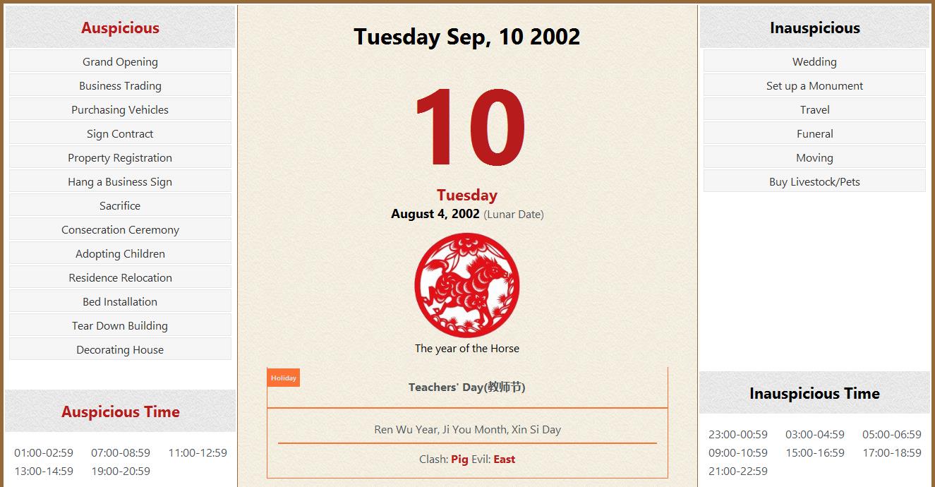 September 10, 2002 Almanac Calendar: Auspicious/Inauspicious Events and ...