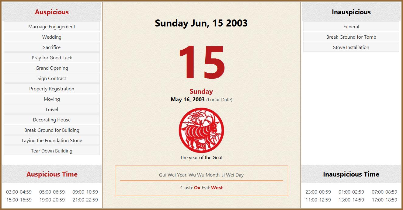 June 15, 2003 Almanac Calendar: Auspicious/Inauspicious Events and Time ...