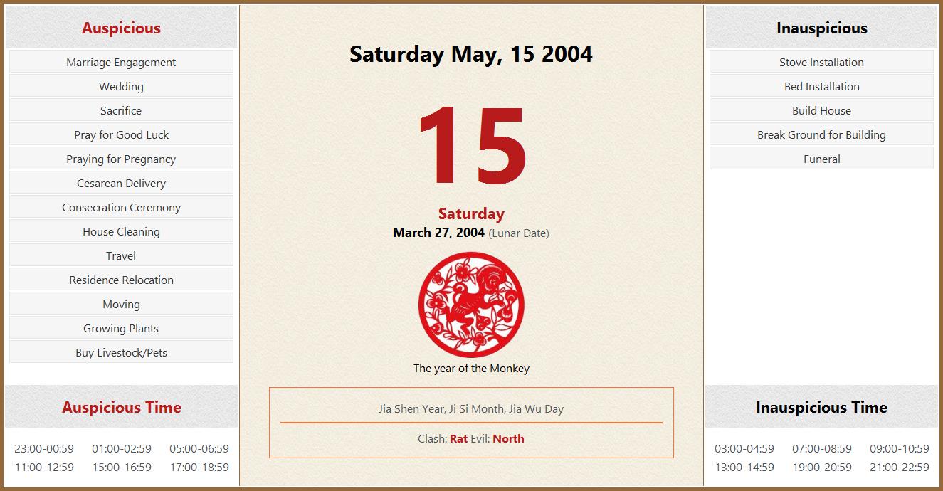 May 15, 2004 Almanac Calendar: Auspicious/Inauspicious Events and Time ...