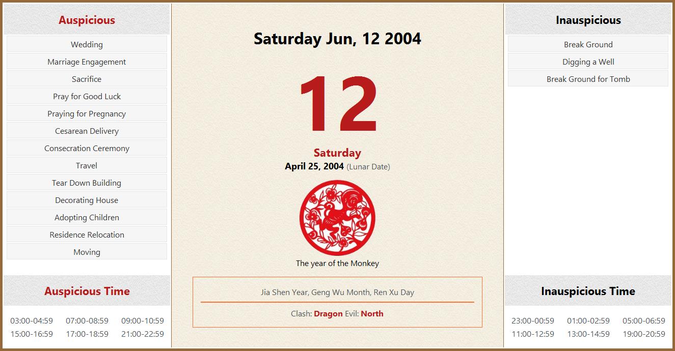 June 12, 2004 Almanac Calendar: Auspicious/Inauspicious Events and Time ...