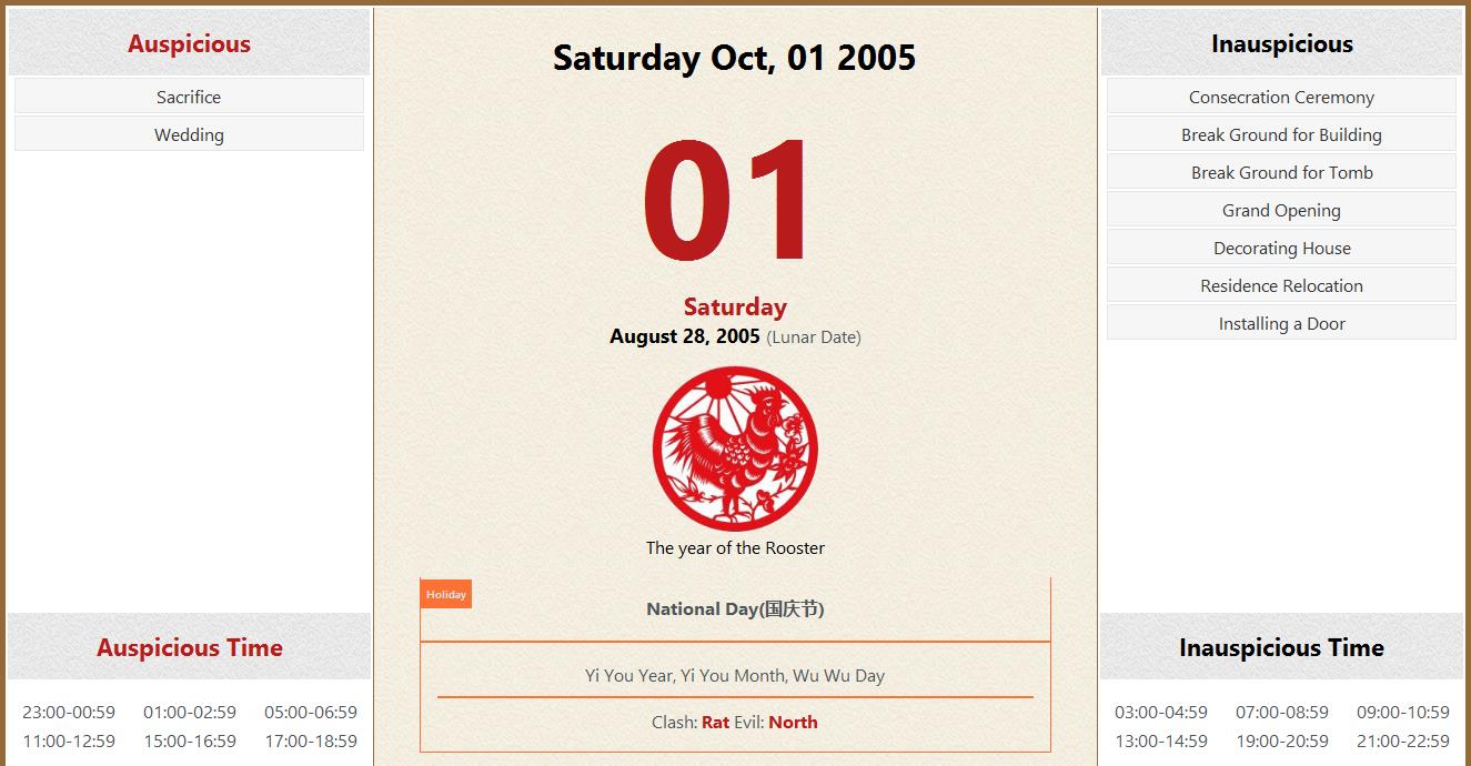 October 01, 2005 Almanac Calendar: Auspicious/Inauspicious Events and ...