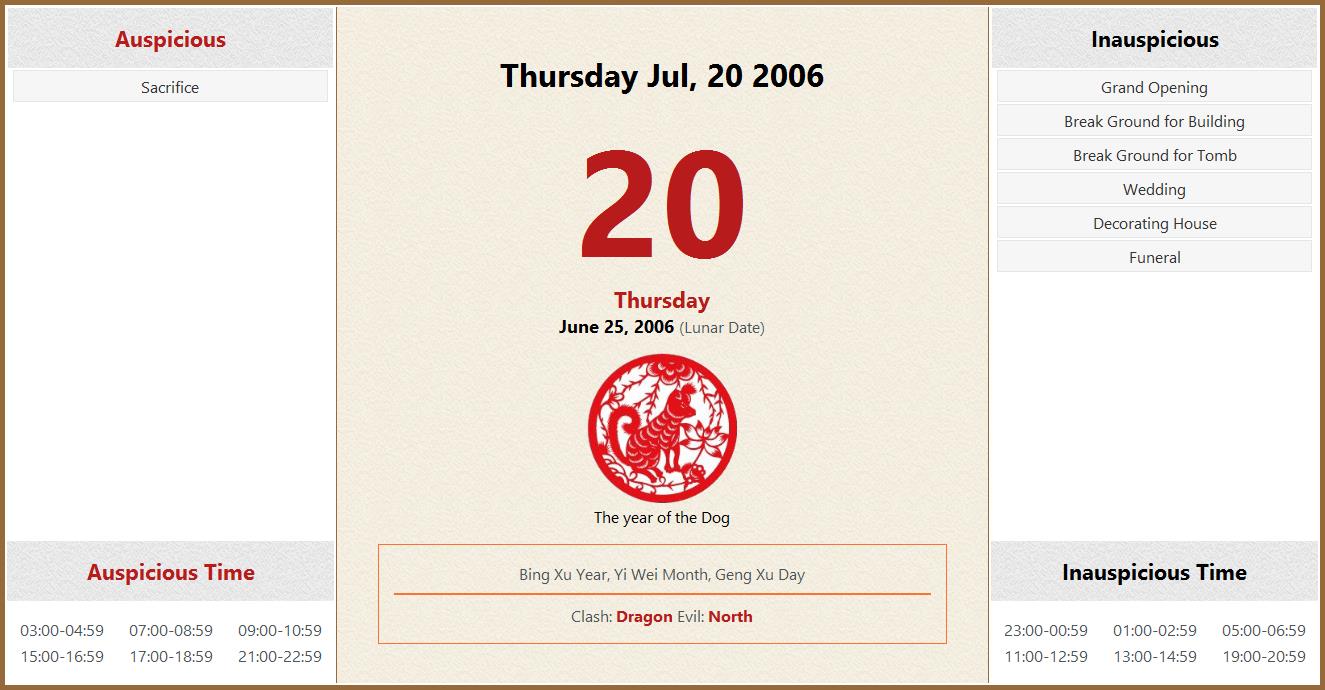 July 20, 2006 Almanac Calendar: Auspicious/Inauspicious Events and Time ...