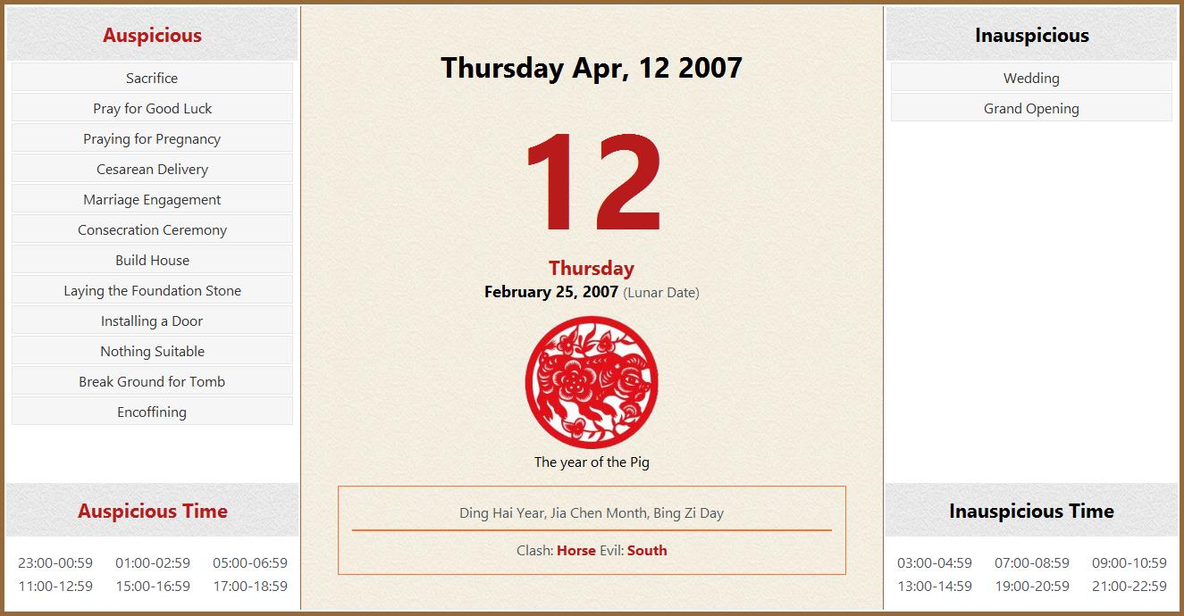April 12, 2007 Almanac Calendar: Auspicious/Inauspicious Events and ...