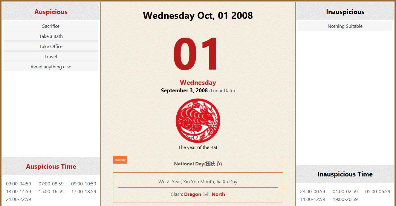 October 01, 2008 Almanac Calendar: Auspicious/Inauspicious Events and ...