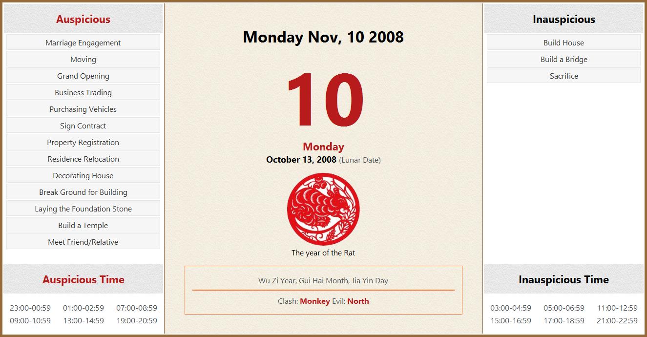 November 10, 2008 Almanac Calendar: Auspicious/Inauspicious Events and ...
