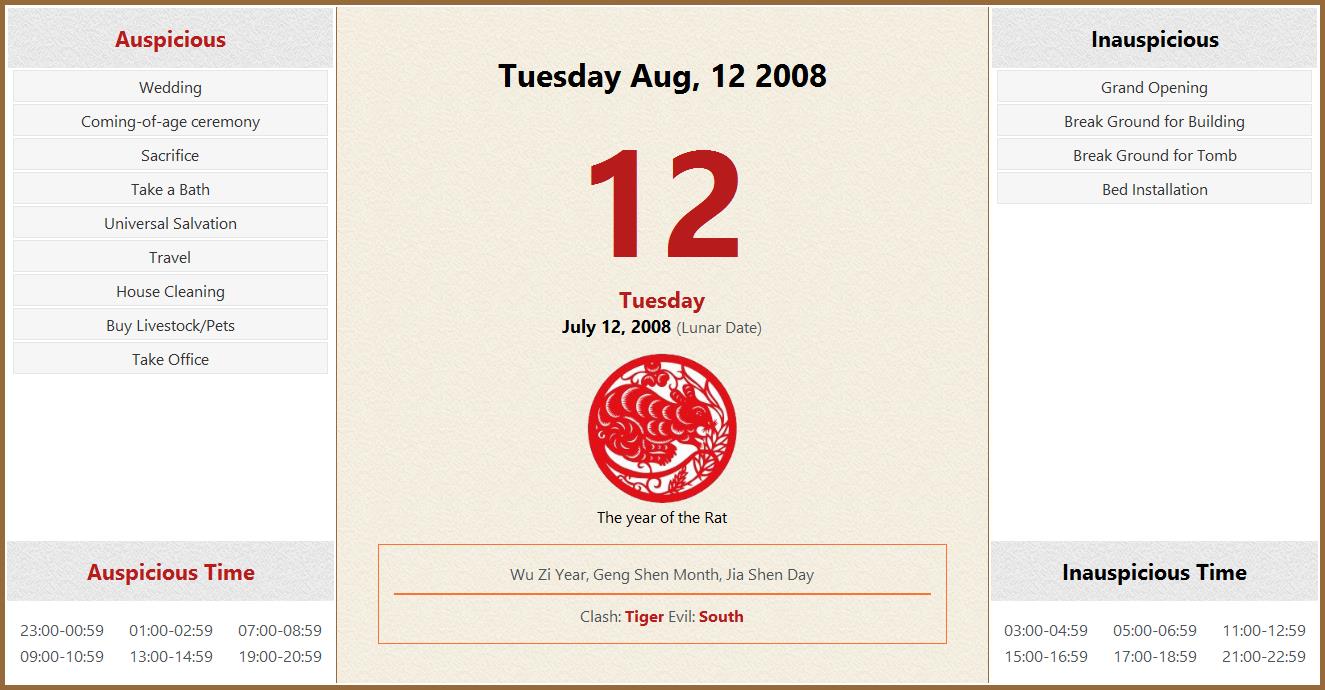 August 12, 2008 Almanac Calendar: Auspicious/Inauspicious Events and ...
