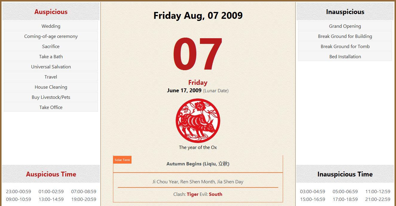 August 07, 2009 Almanac Calendar: Auspicious/Inauspicious Events and ...