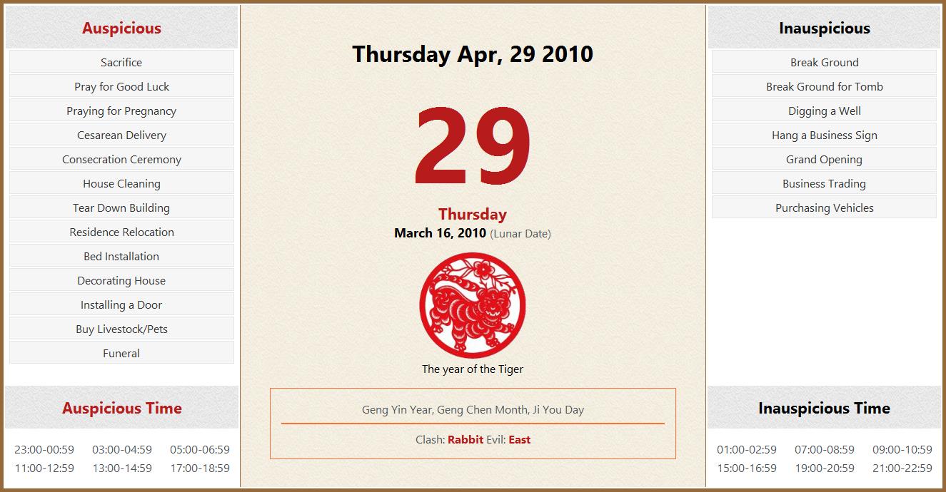 April 29, 2010 Almanac Calendar: Auspicious/Inauspicious Events and ...