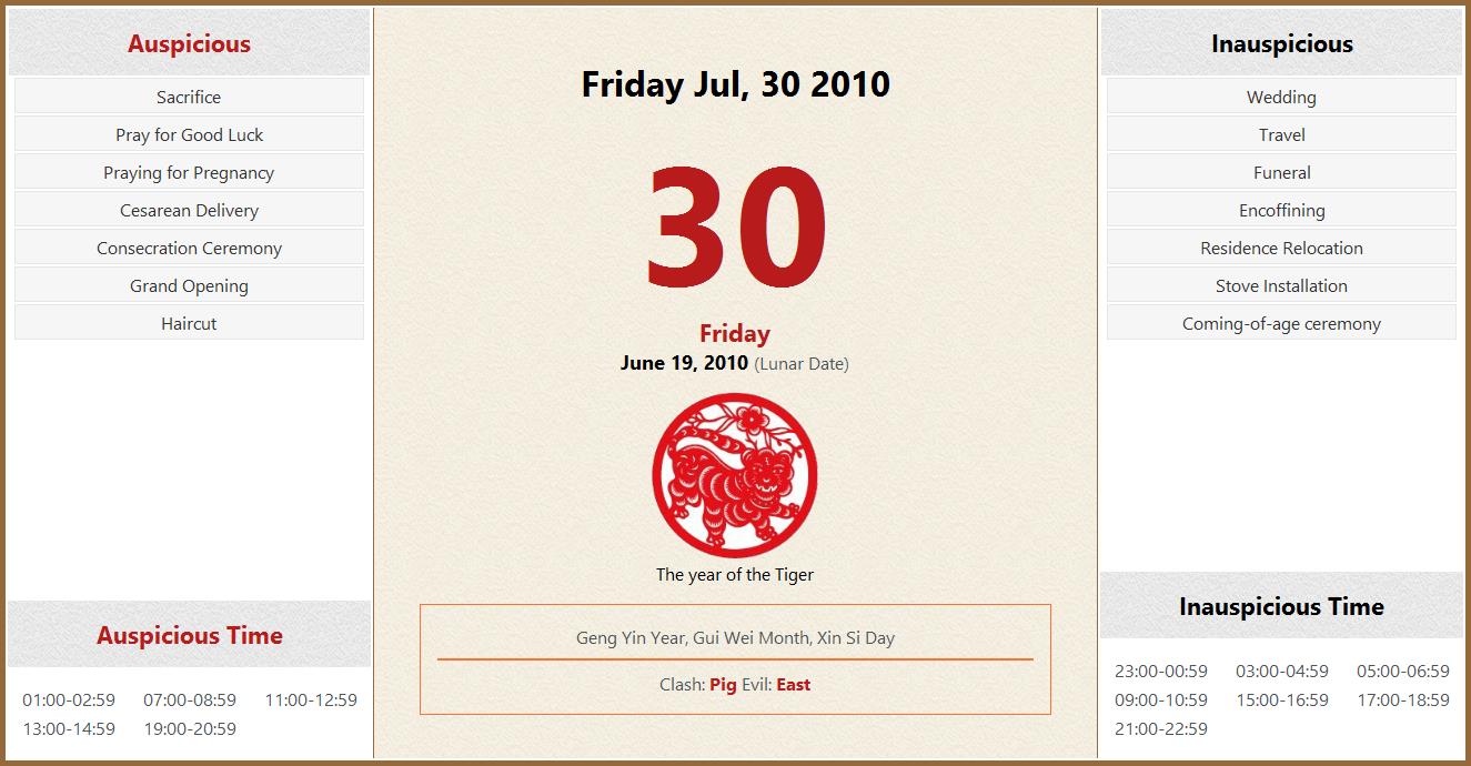 July 30, 2010 Almanac Calendar: Auspicious/Inauspicious Events and Time ...
