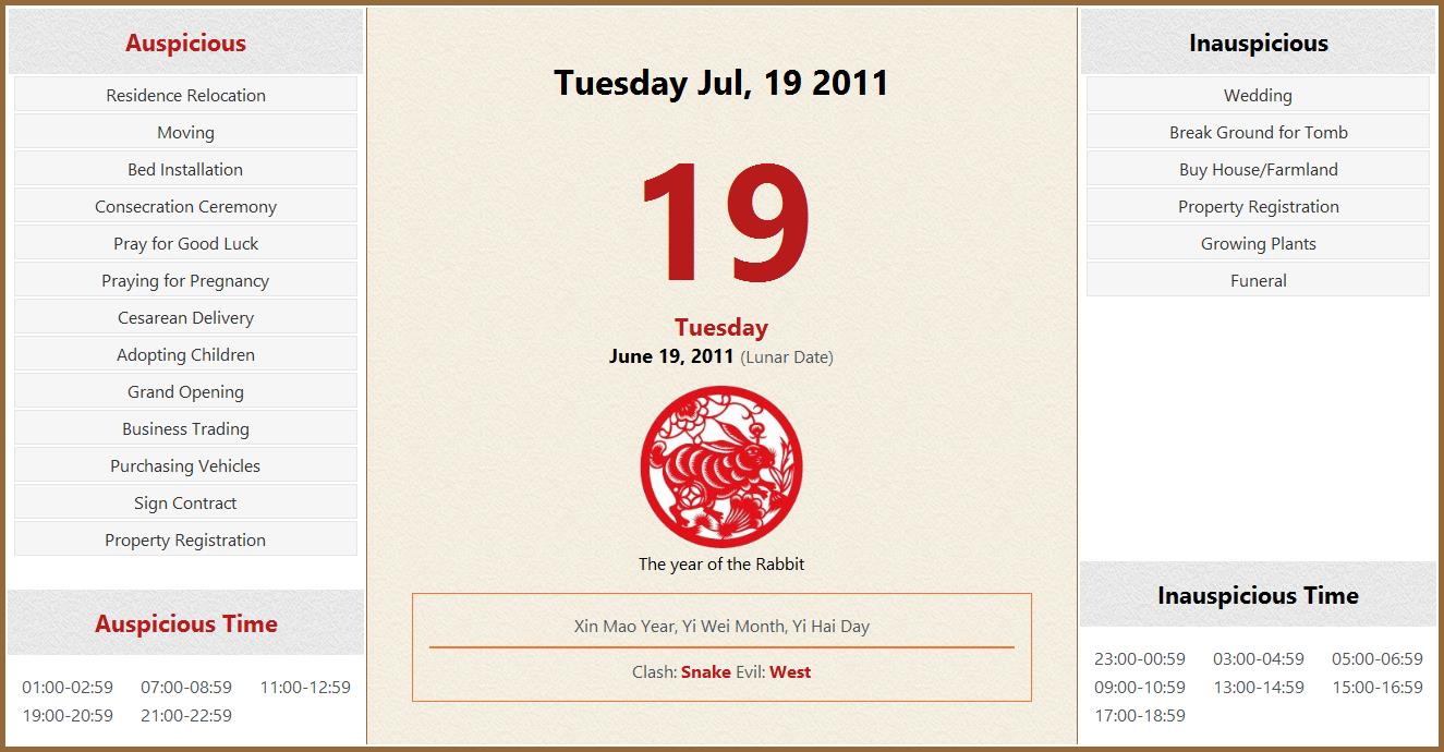 July 19, 2011 Almanac Calendar: Auspicious/Inauspicious Events and Time ...
