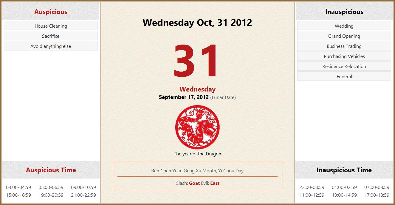 October 31, 2012 Almanac Calendar: Auspicious/Inauspicious Events and ...