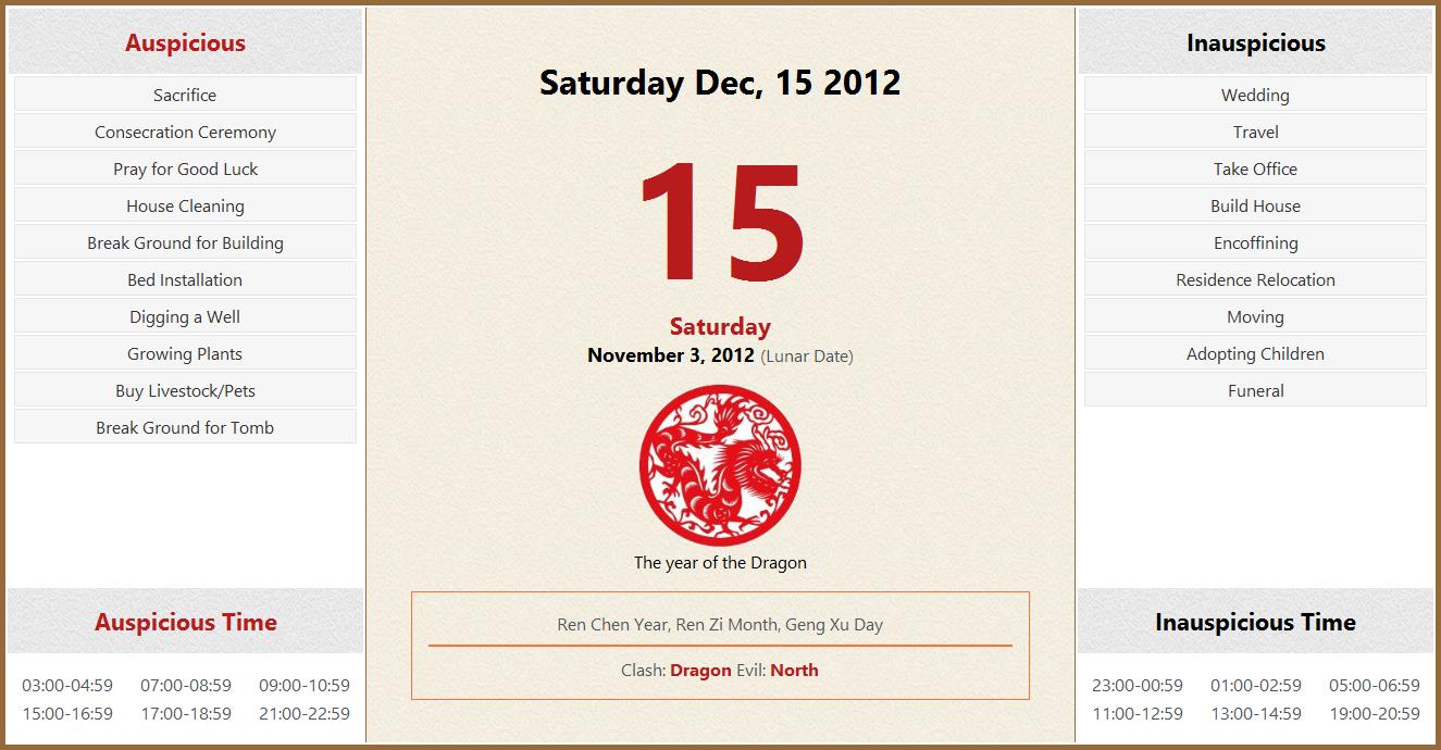 December 15, 2012 Almanac Calendar: Auspicious/Inauspicious Events and ...