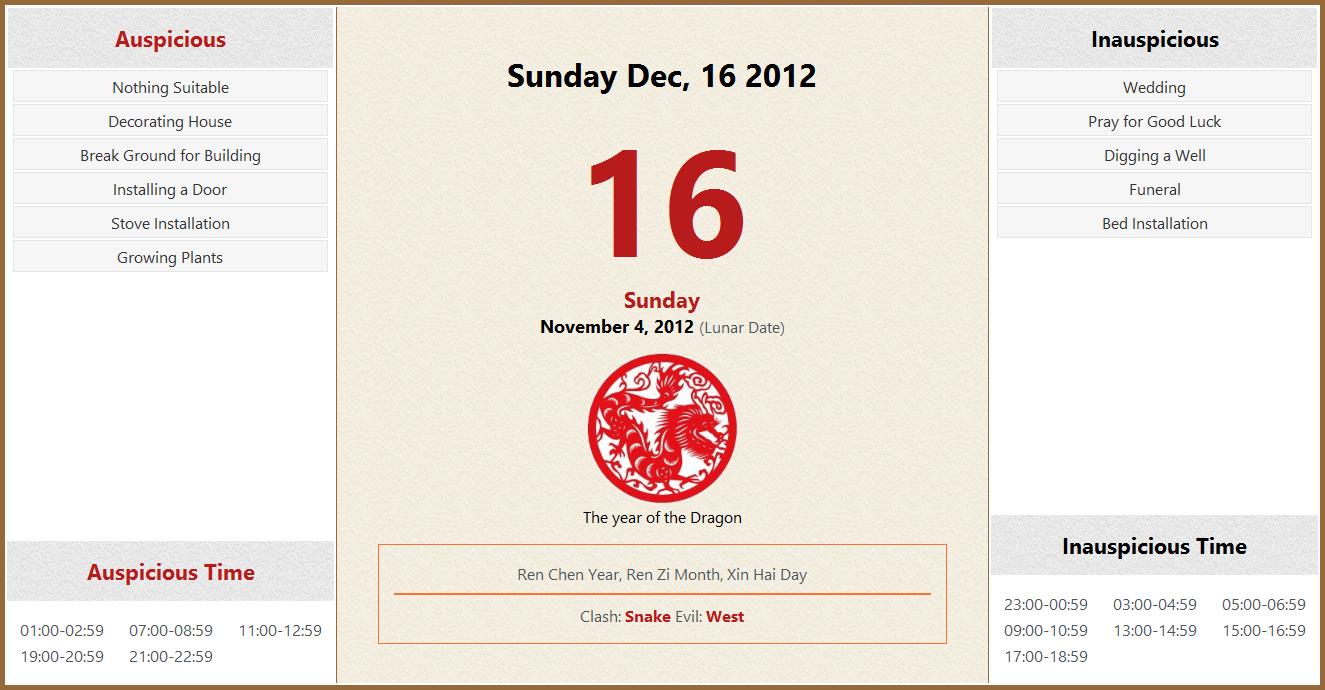 December 16, 2012 Almanac Calendar: Auspicious/Inauspicious Events and ...