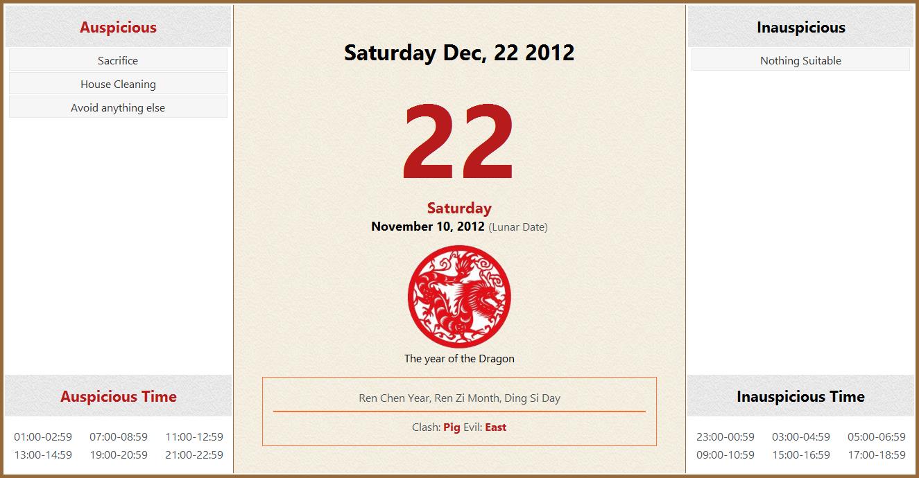 December 22, 2012 Almanac Calendar: Auspicious/Inauspicious Events and ...