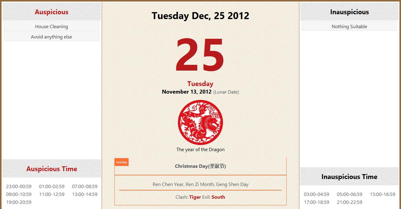 December 25, 2012 Almanac Calendar: Auspicious/Inauspicious Events and ...