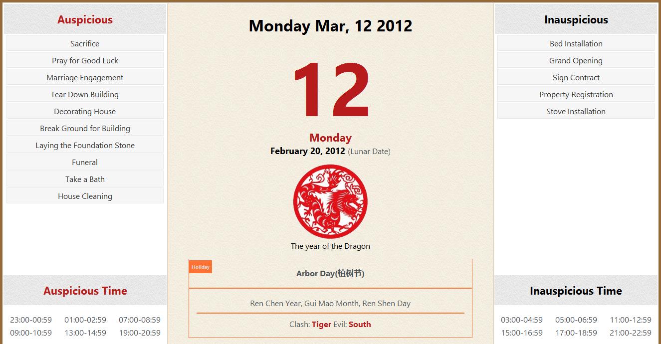 March 12, 2012 Almanac Calendar: Auspicious/Inauspicious Events and ...