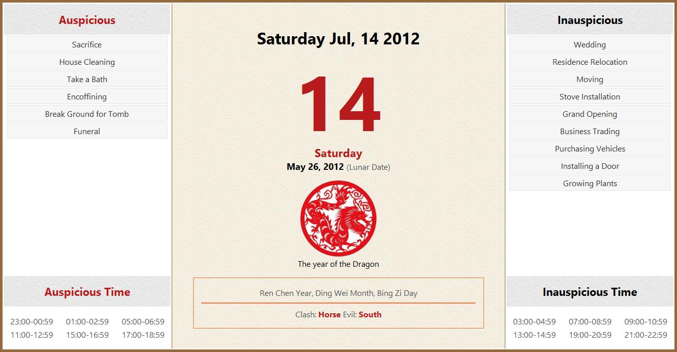 July 14, 2012 Almanac Calendar: Auspicious/Inauspicious Events and Time ...
