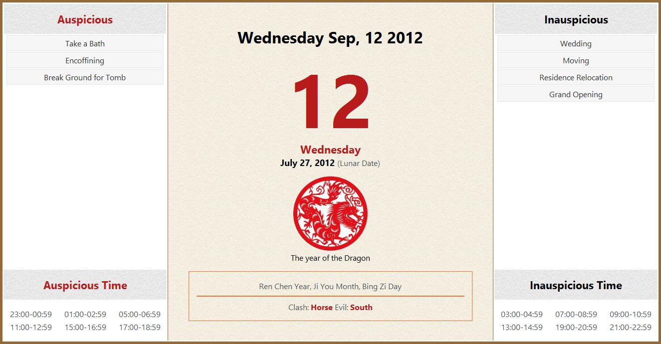 September 12, 2012 Almanac Calendar: Auspicious/Inauspicious Events and ...