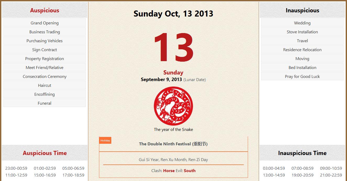 October 13, 2013 Almanac Calendar: Auspicious/Inauspicious Events and ...