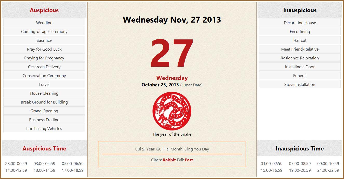 November 27, 2013 Almanac Calendar: Auspicious/Inauspicious Events and ...