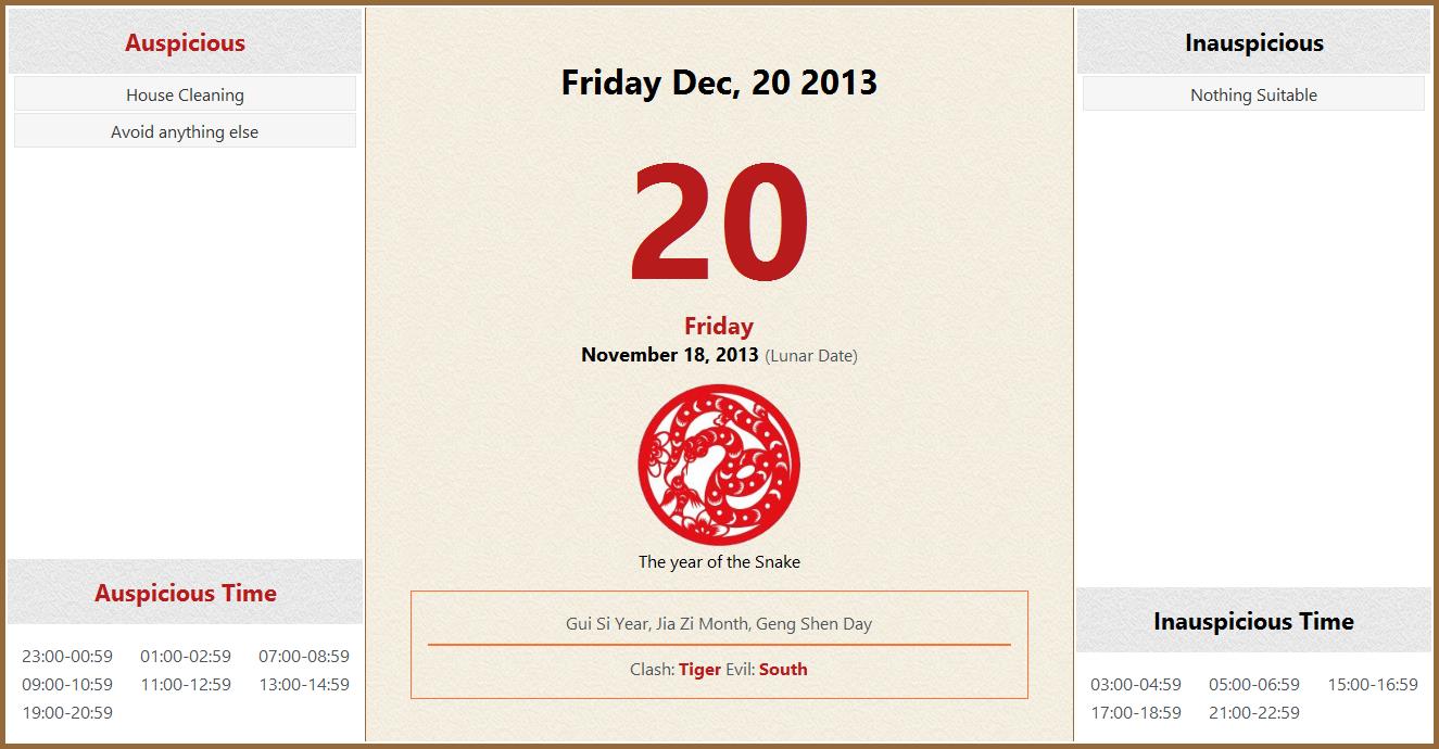 December 20, 2013 Almanac Calendar: Auspicious/Inauspicious Events and ...