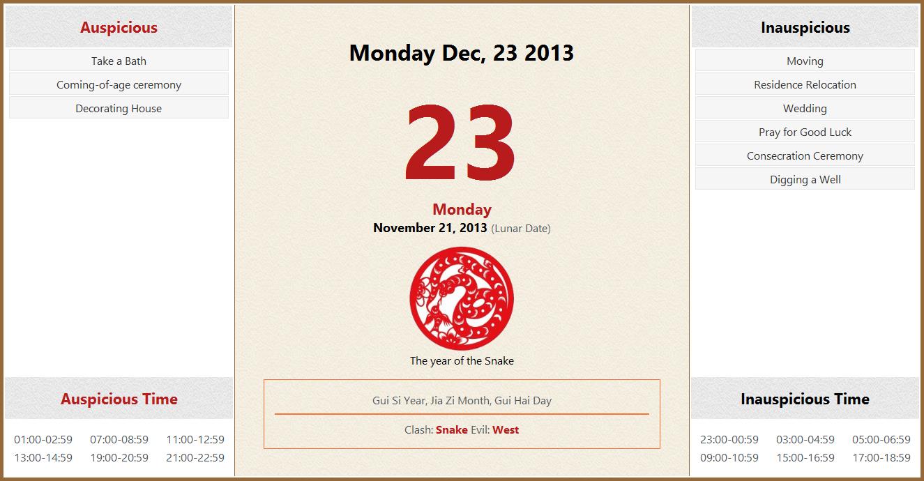 December 23, 2013 Almanac Calendar: Auspicious/Inauspicious Events and ...