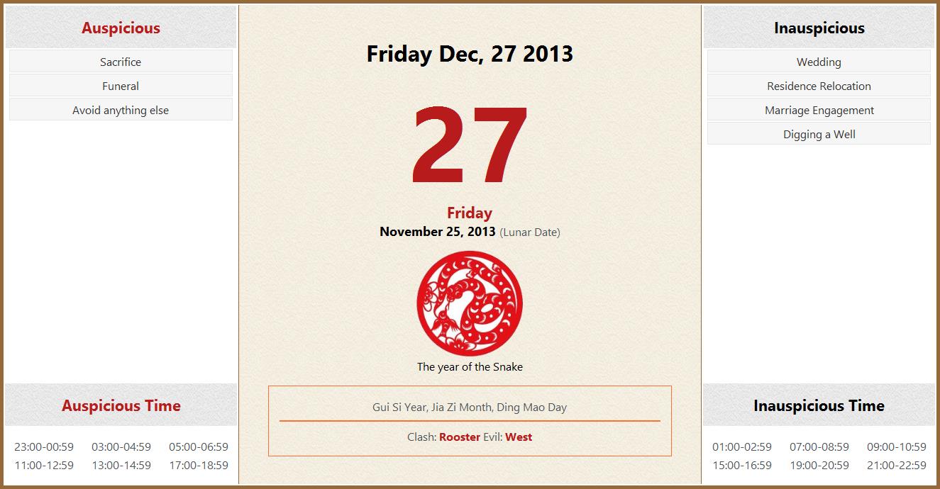 December 27, 2013 Almanac Calendar: Auspicious/Inauspicious Events and ...