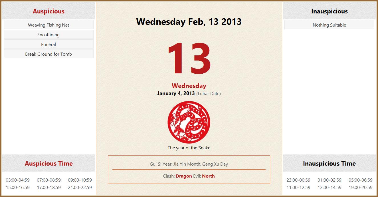 February 13, 2013 Almanac Calendar: Auspicious/Inauspicious Events and ...