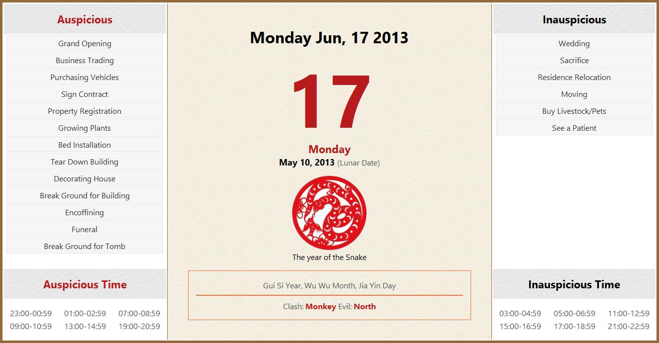 June 17, 2013 Almanac Calendar: Auspicious/Inauspicious Events and Time ...