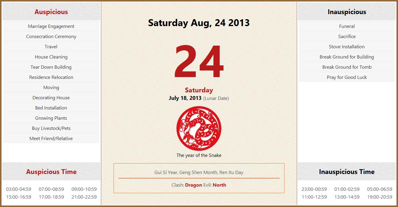 August 24, 2013 Almanac Calendar: Auspicious/Inauspicious Events and ...