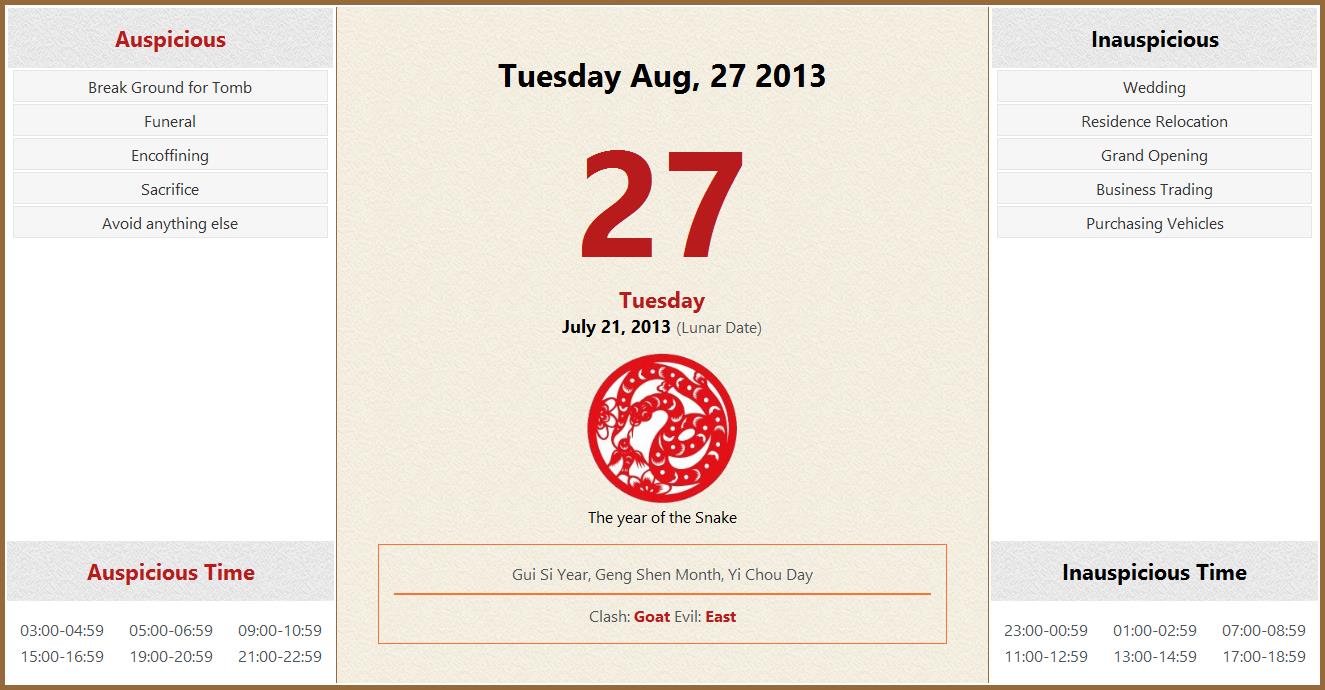 August 27, 2013 Almanac Calendar: Auspicious/Inauspicious Events and ...