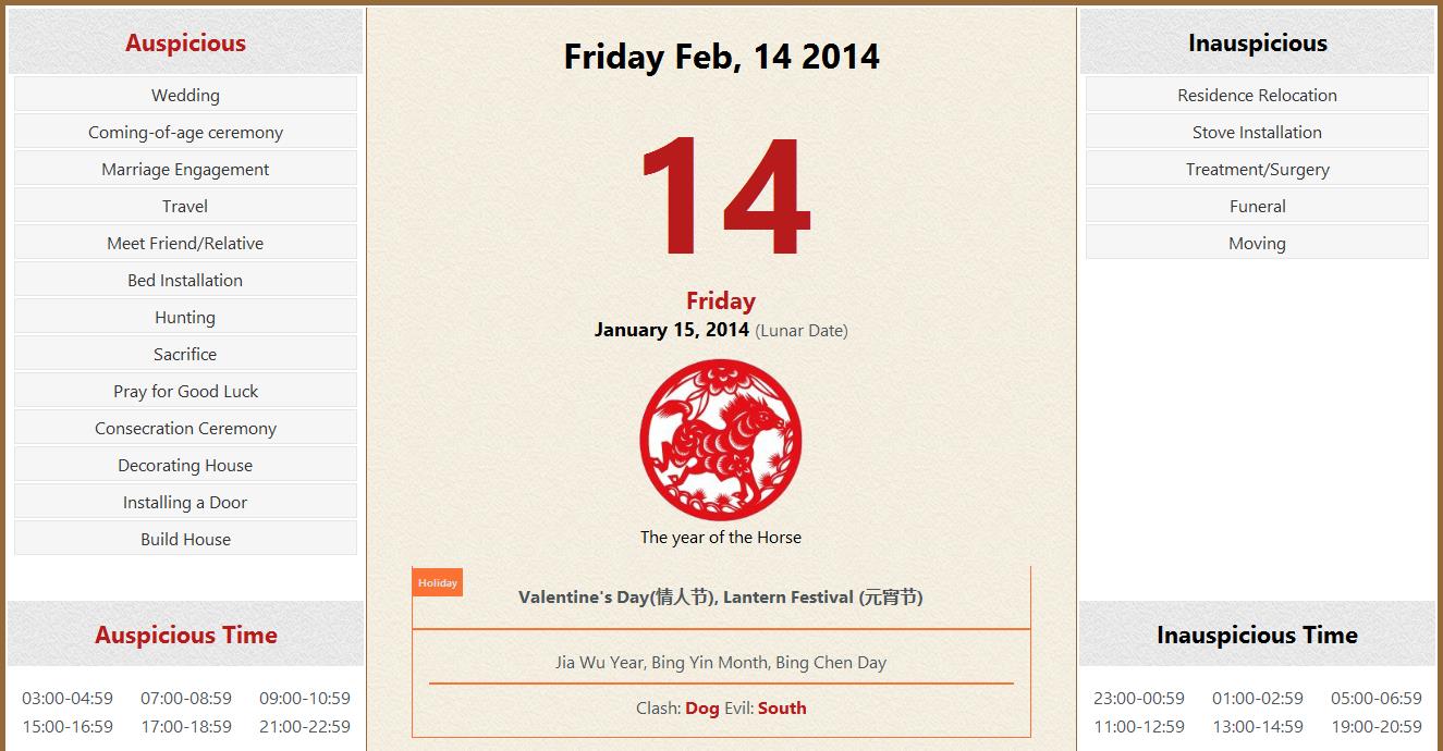 February 14, 2014 Almanac Calendar: Auspicious/Inauspicious Events and ...