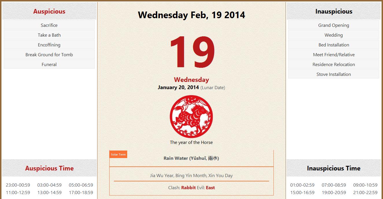 February 19, 2014 Almanac Calendar: Auspicious/Inauspicious Events and ...