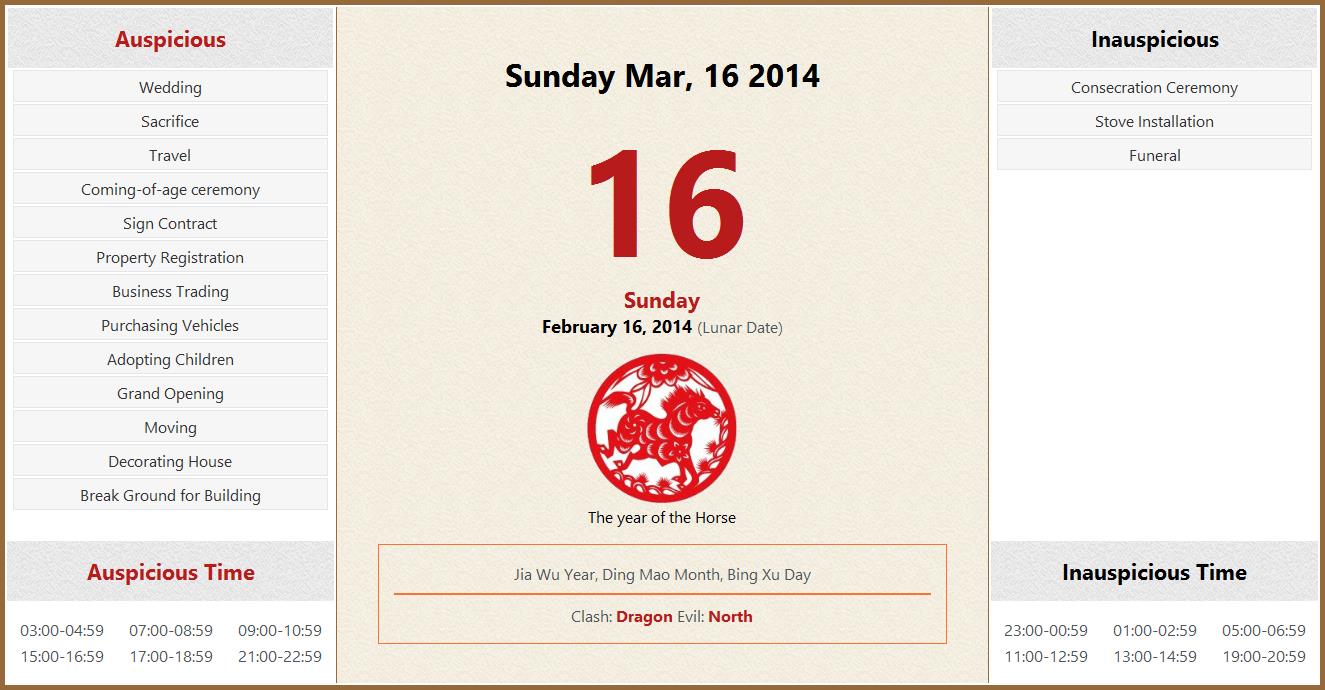 March 16, 2014 Almanac Calendar: Auspicious/Inauspicious Events and ...