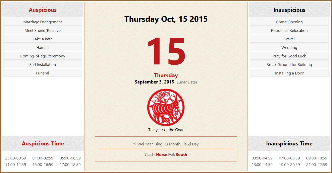 October 15, 2015 Almanac Calendar: Auspicious/Inauspicious Events and ...