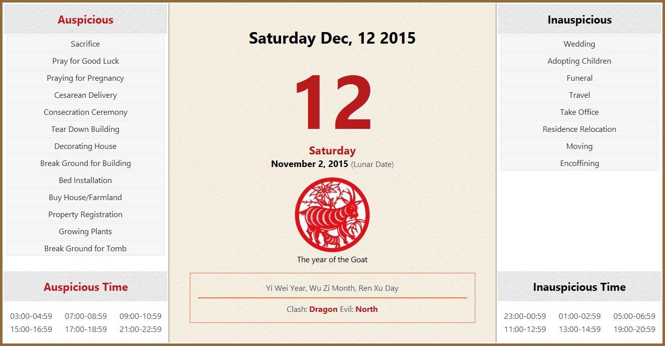 December 12, 2015 Almanac Calendar: Auspicious/Inauspicious Events and ...
