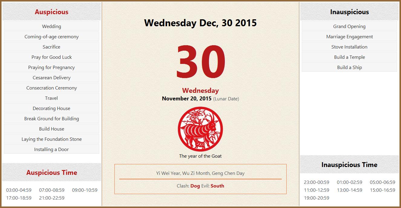 December 30, 2015 Almanac Calendar: Auspicious/Inauspicious Events and ...