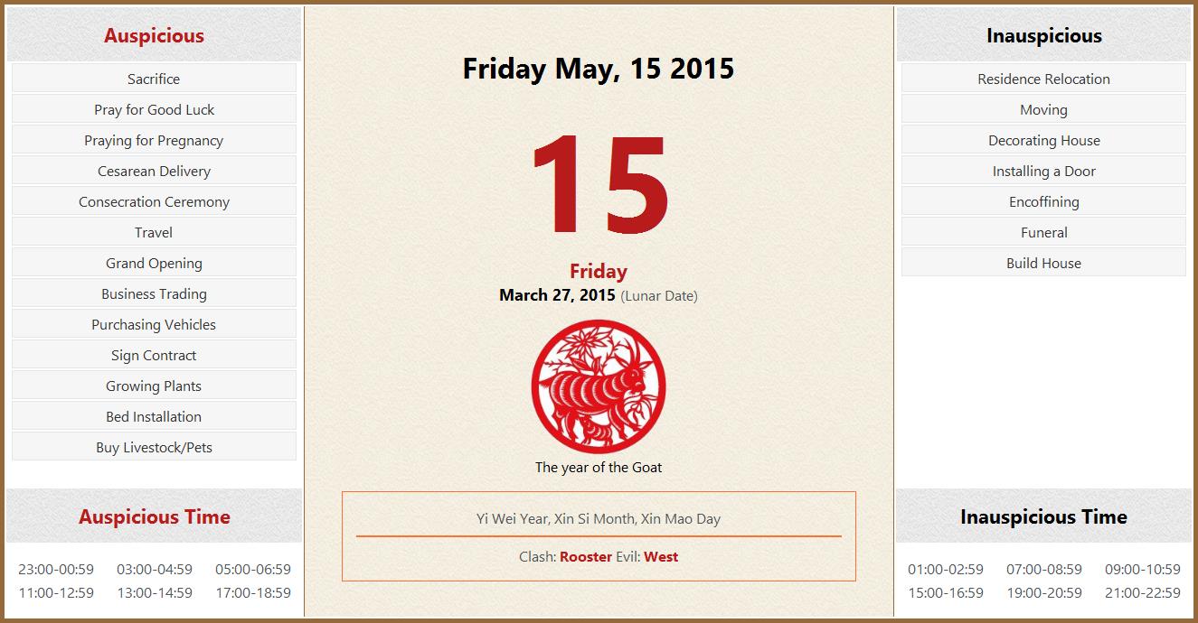 May 15, 2015 Almanac Calendar: Auspicious/Inauspicious Events and Time ...