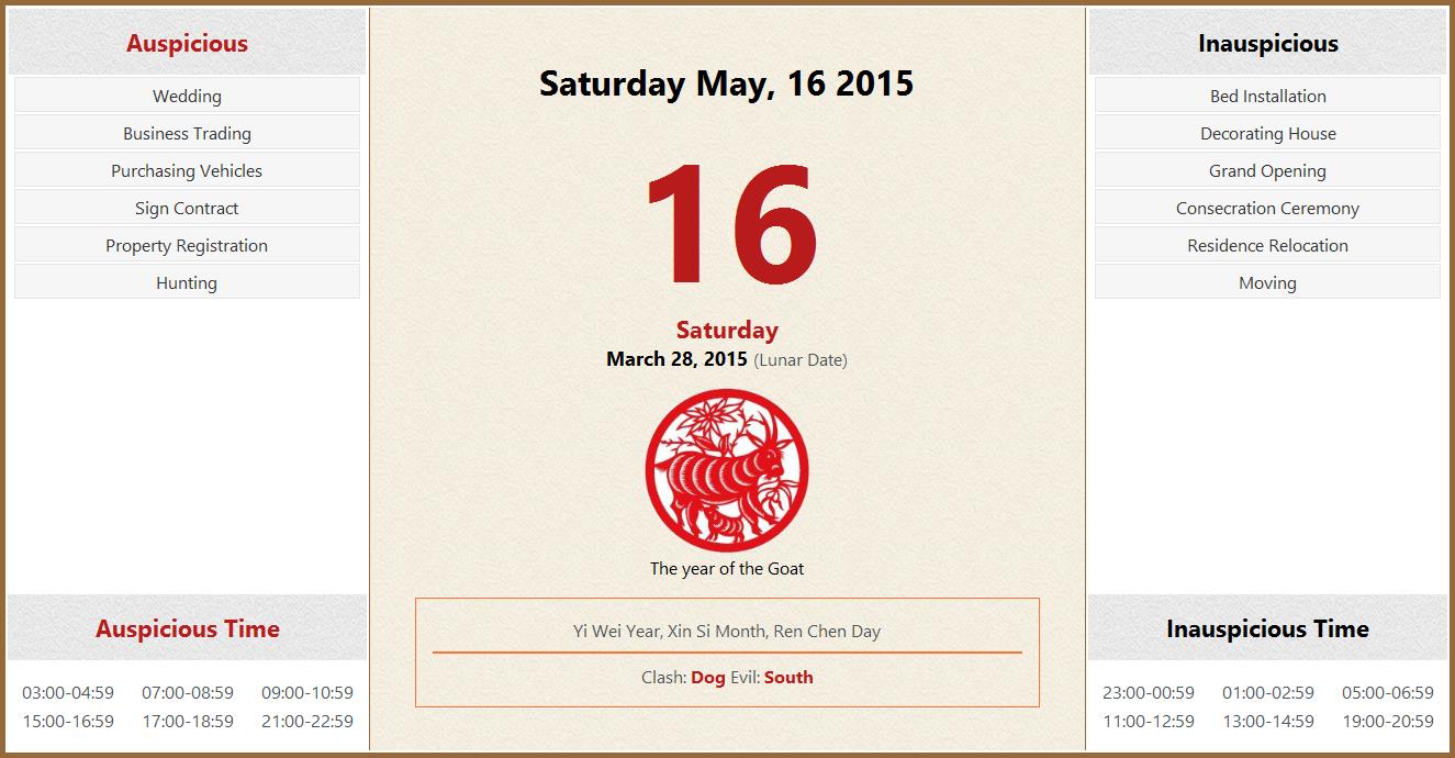 May 16, 2015 Almanac Calendar: Auspicious/Inauspicious Events and Time ...