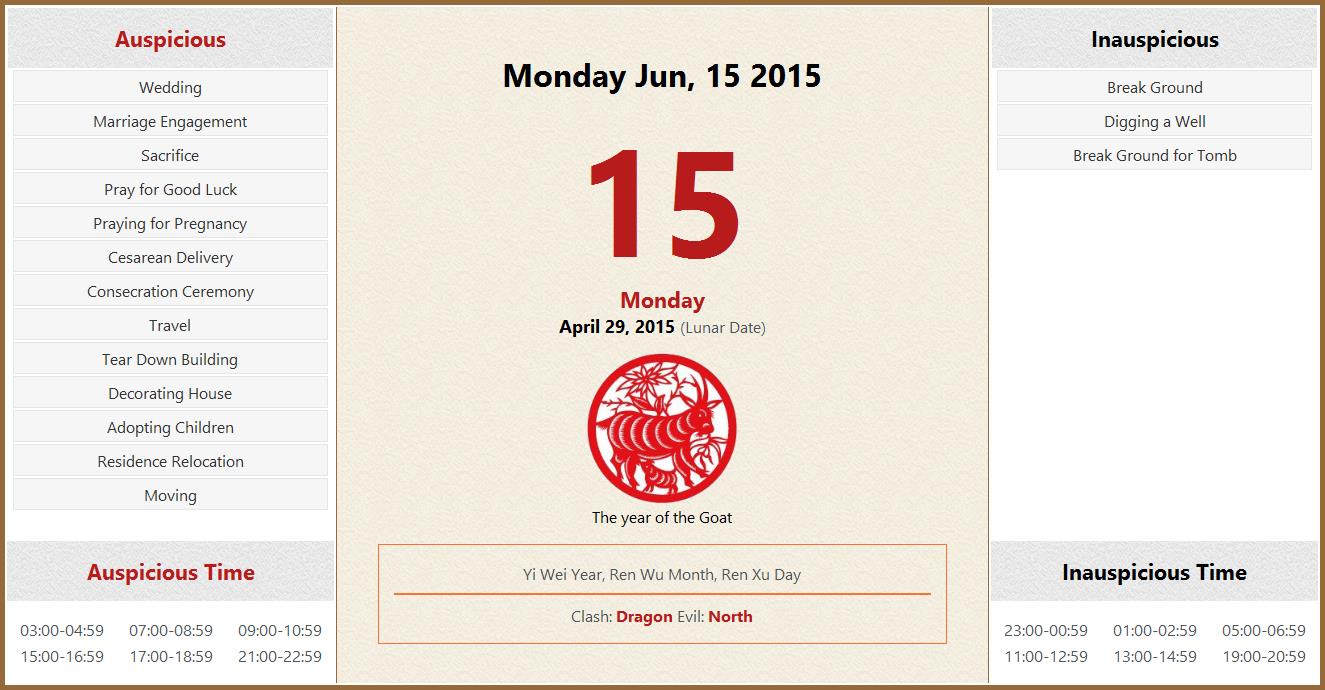 June 15, 2015 Almanac Calendar: Auspicious/Inauspicious Events and Time ...