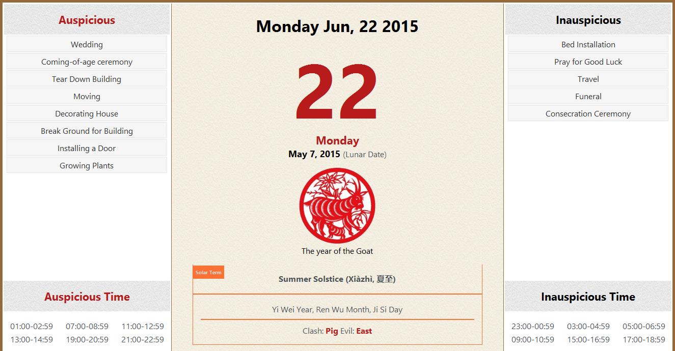 June 22, 2015 Almanac Calendar: Auspicious/Inauspicious Events and Time ...