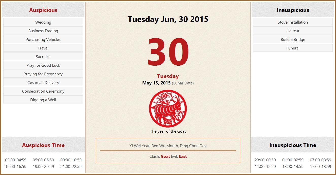 June 30, 2015 Almanac Calendar: Auspicious/Inauspicious Events and Time ...