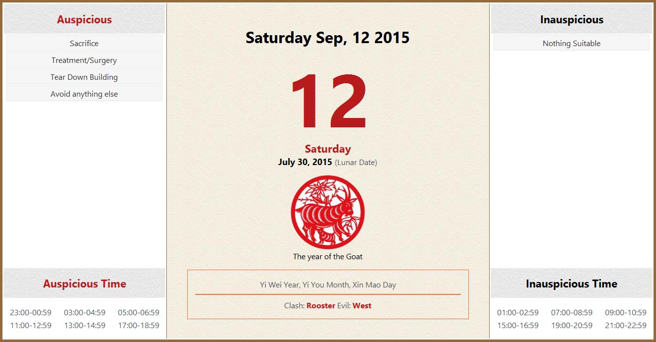 September 12, 2015 Almanac Calendar: Auspicious/Inauspicious Events and ...