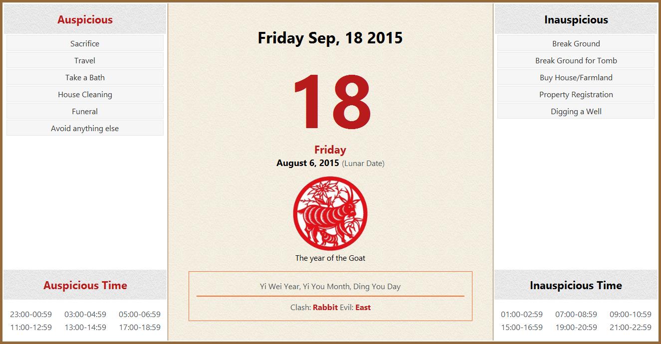 September 18, 2015 Almanac Calendar: Auspicious/Inauspicious Events and ...