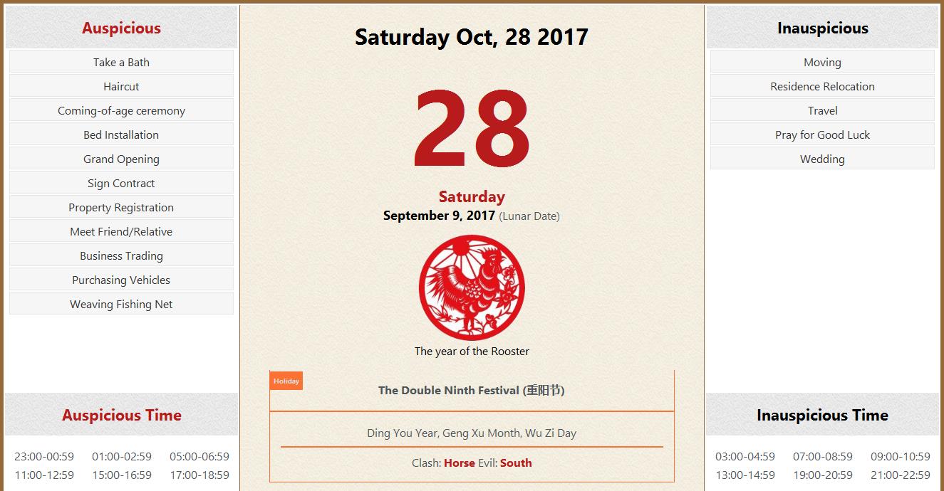 October 28, 2017 Almanac Calendar: Auspicious/Inauspicious Events and ...