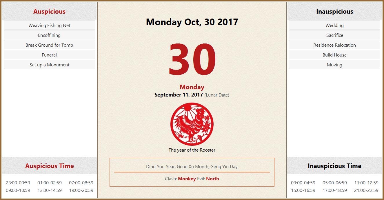 October 30, 2017 Almanac Calendar: Auspicious/Inauspicious Events and ...