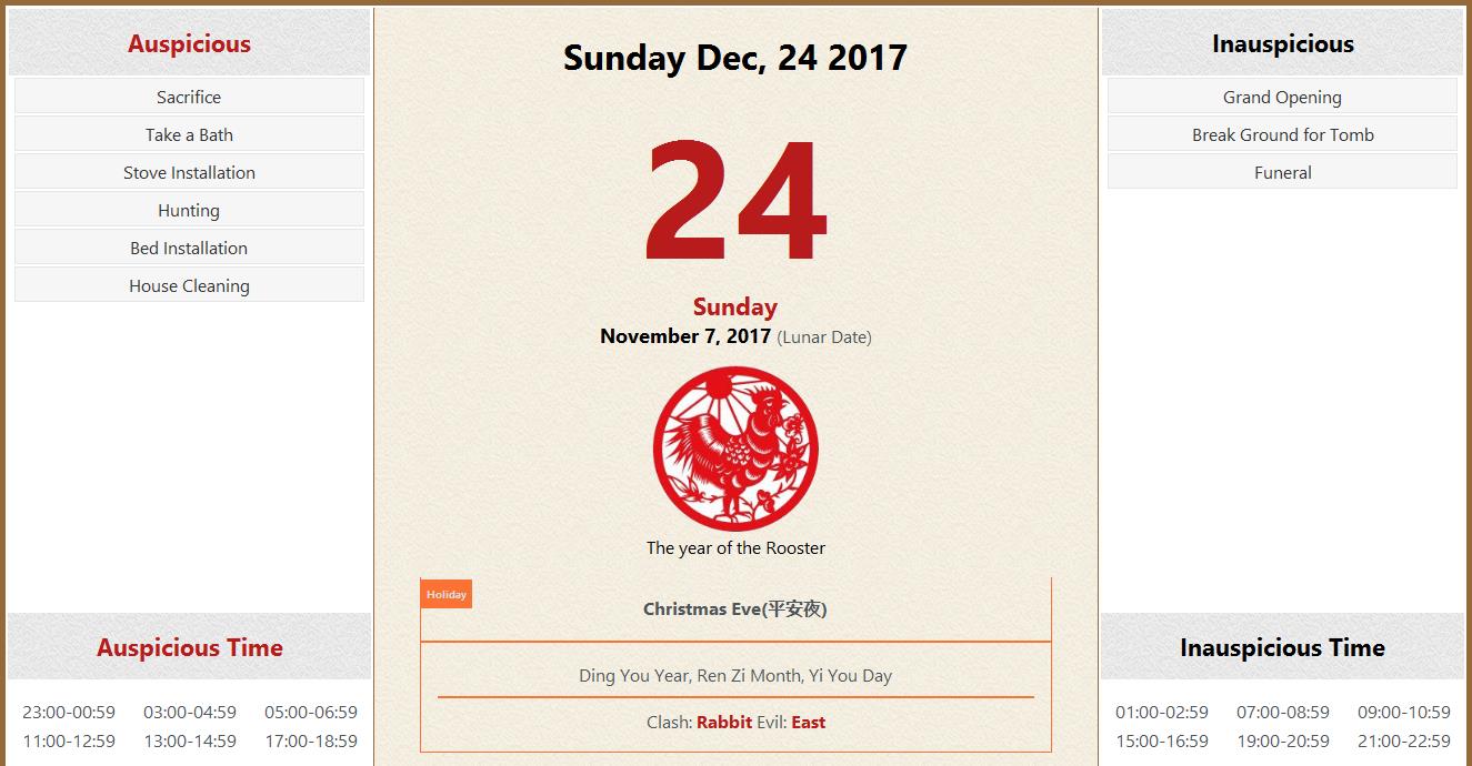 December 24, 2017 Almanac Calendar: Auspicious/Inauspicious Events and ...