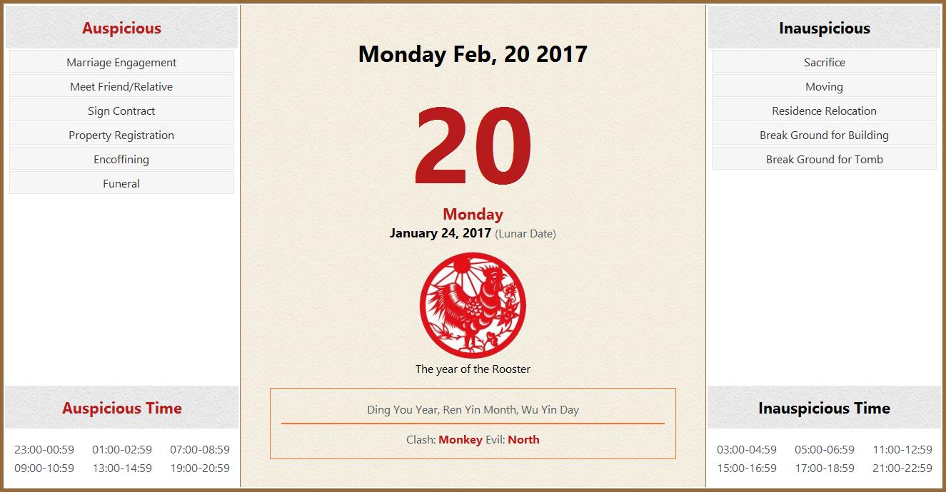 February 20, 2017 Almanac Calendar: Auspicious/Inauspicious Events and ...