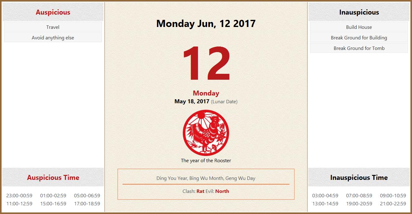 June 12, 2017 Almanac Calendar: Auspicious/Inauspicious Events and Time ...