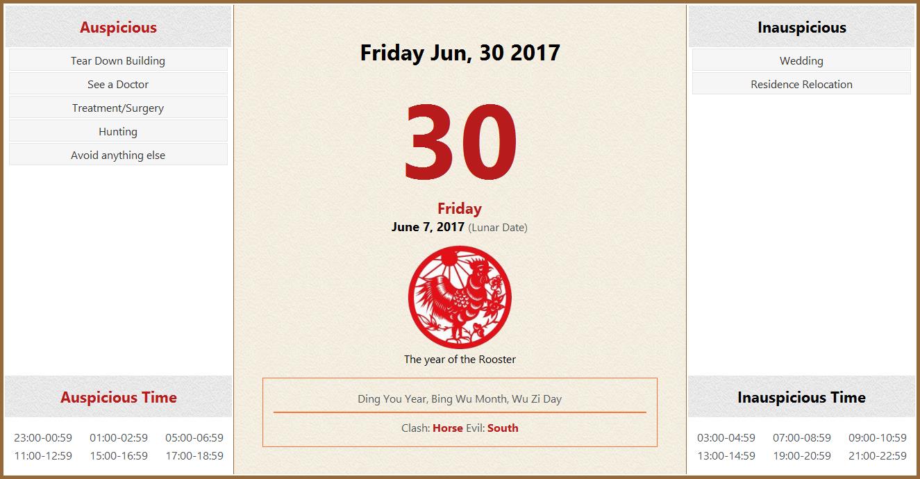 June 30, 2017 Almanac Calendar: Auspicious/Inauspicious Events and Time ...